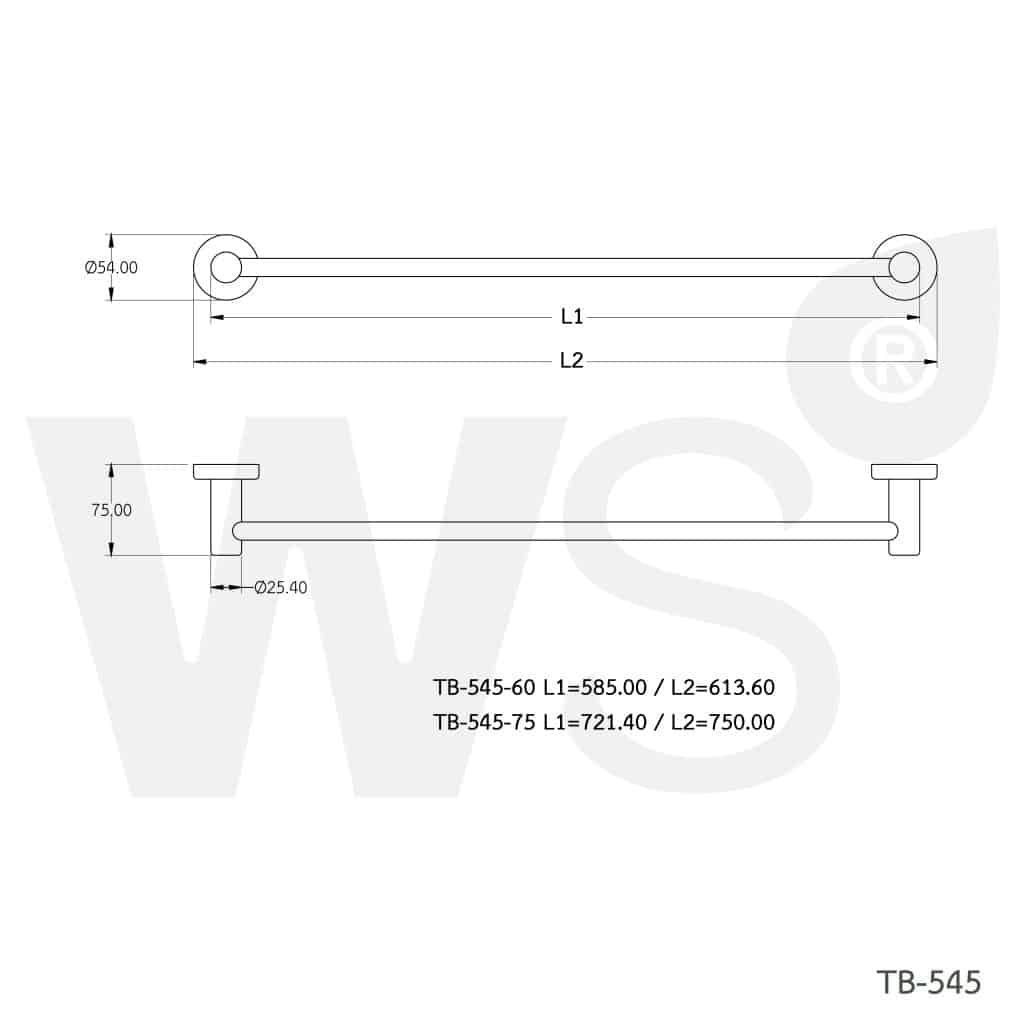 TB-545 ราวแขวนผ้าสแตนเลส ขนาด 60, 75 ซม. ผิวเงา - WS Bathroom
